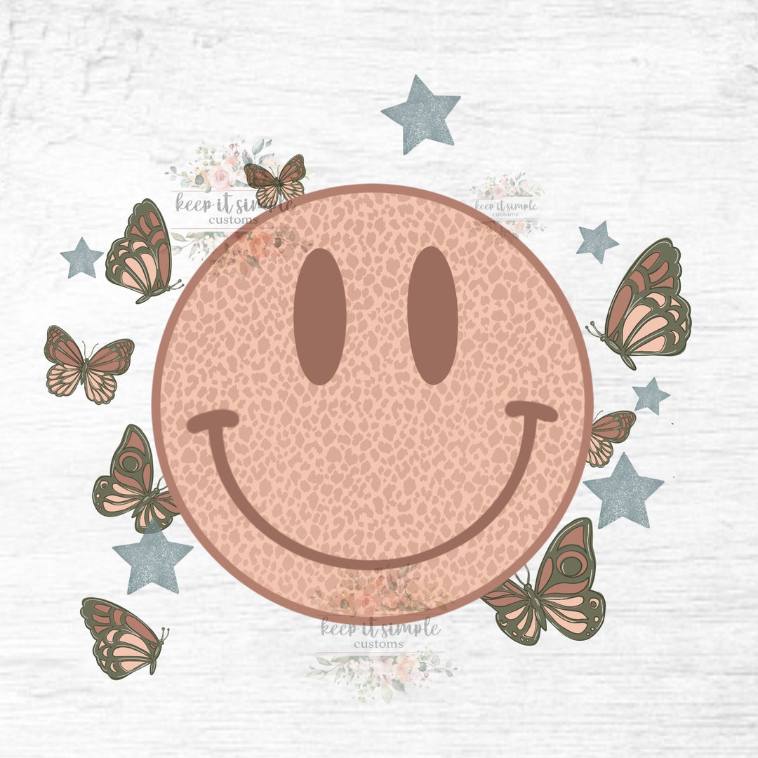 Retro Smiley Face Cheetah Print and Butterflies PNG digital Download ...