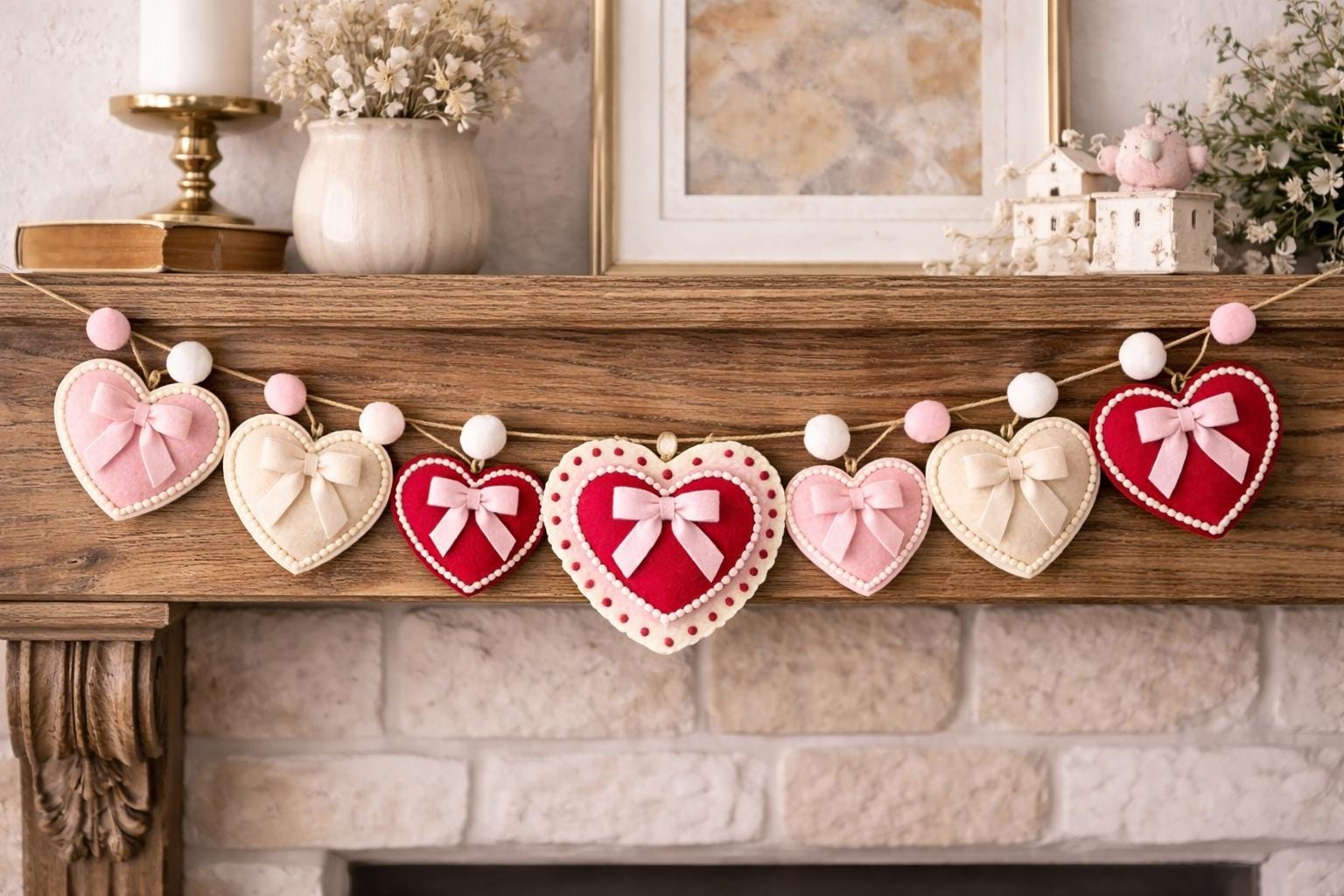 Handmade Valentine Heart Garland 60” | Felt Mantel Decor | Red Pink ...