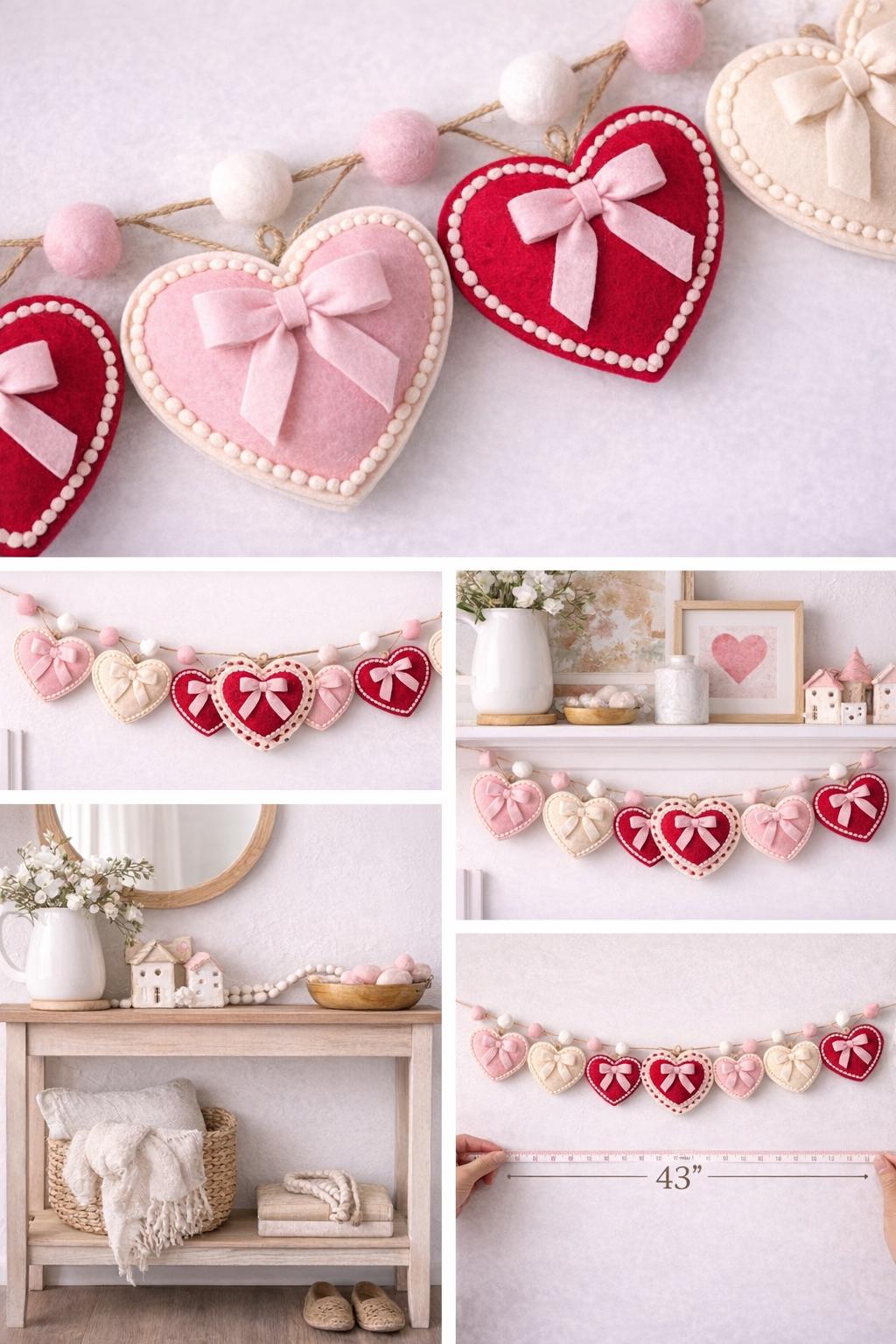Handmade Valentine Heart Garland 60” | Felt Mantel Decor | Red Pink ...