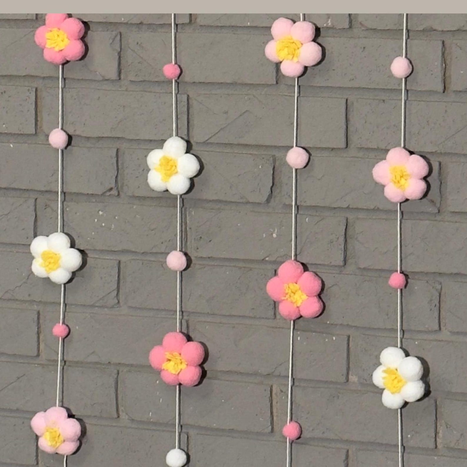 Pom Pom & Felt Flower Wall Hanging Baby Shower Decor Nursery Wall Art ...