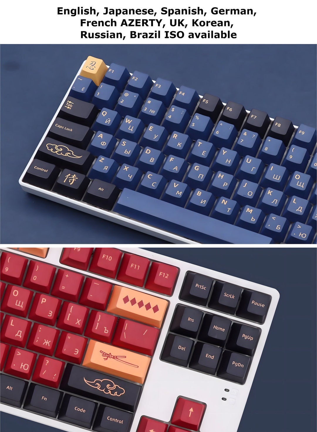 Blue Red Samurai Keycaps, Spanish Japanese Korean German Russian French ...