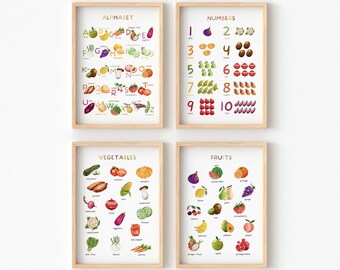 Fruits Vegetables Educational Posters Set of 2 Watercolor Montessori ...