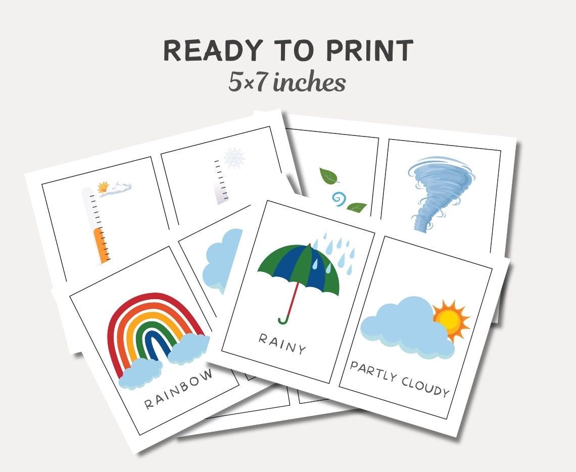 16 Weather Cards, Montessori Flashcards, Pre-school Cards, Learning ...