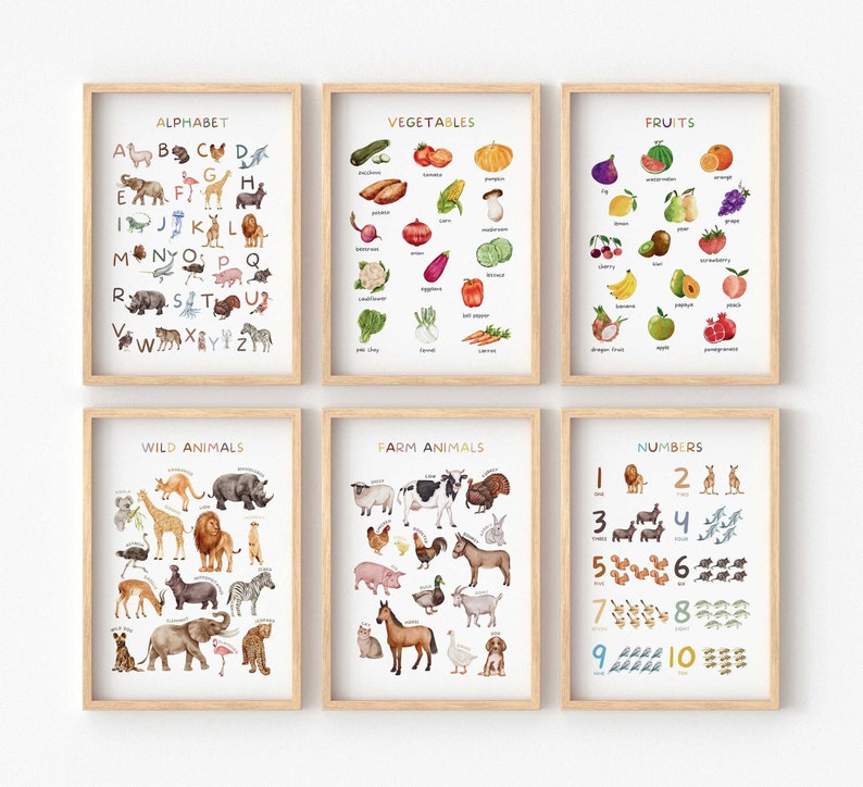 Set of 6 Educational Posters, Fruits Vegetables Posters, Animals ...