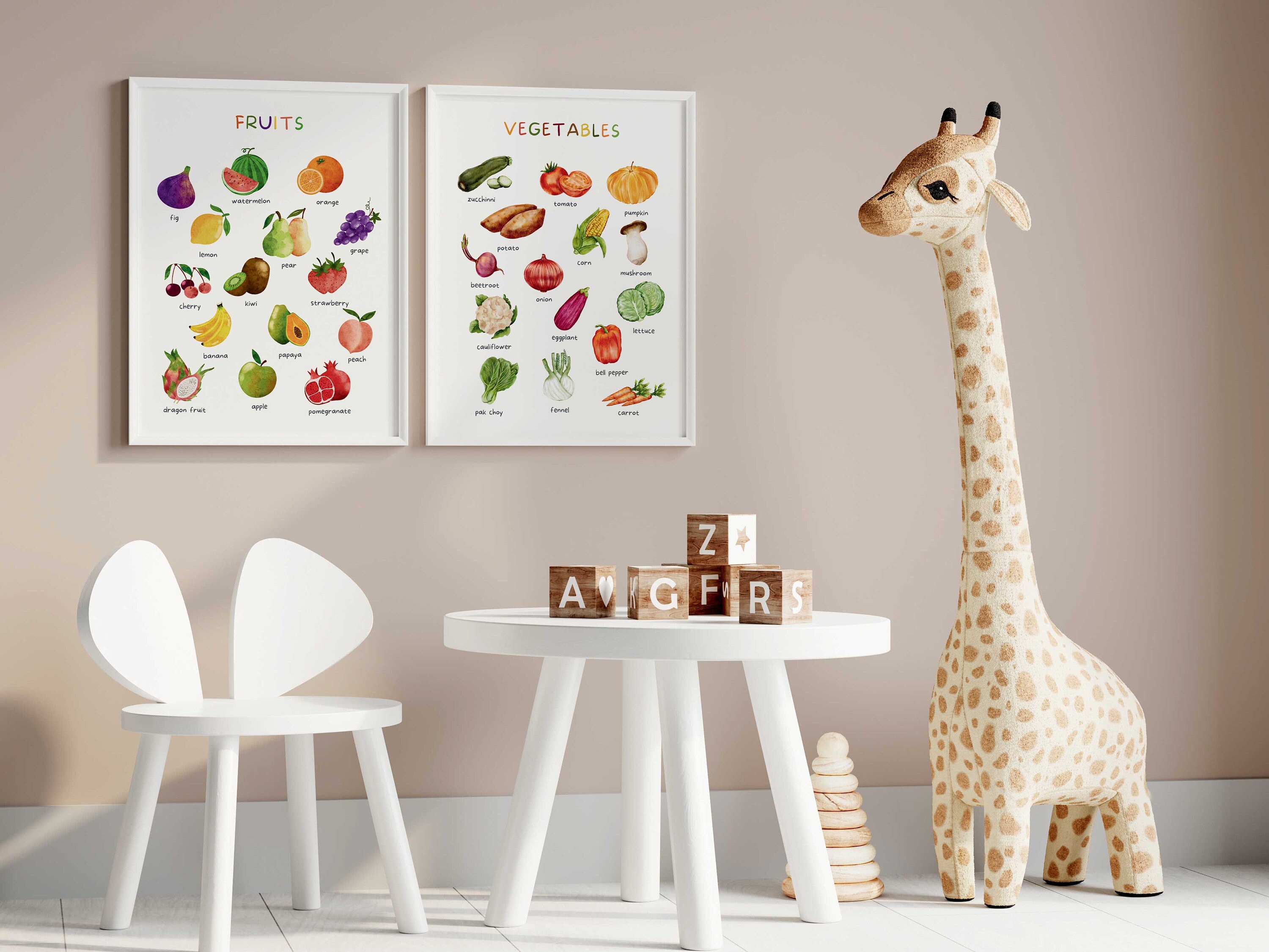 Set of 8 Educational Posters, Fruits and Vegetables Print, Kids Animal ...