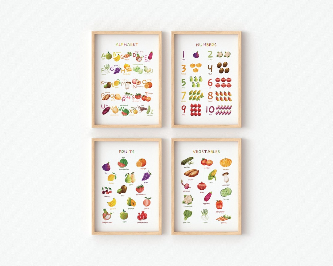 Fruits Vegetables Educational Posters, Set of 4 Watercolor Montessori ...
