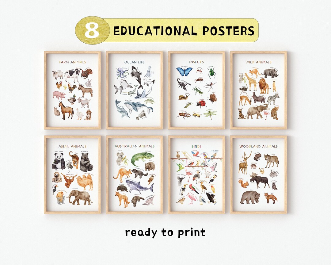Set of 8 Educational Posters, Watercolor Kids, Classroom Decor, Kids ...