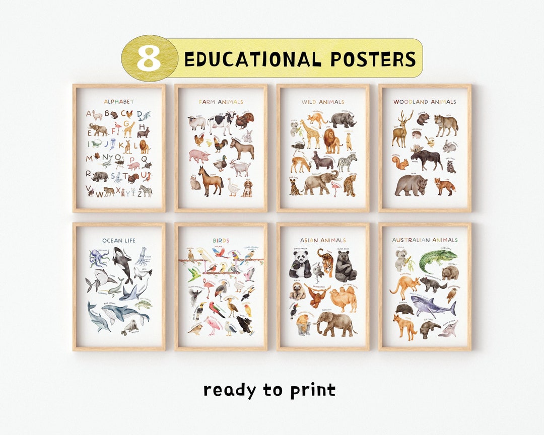 Watercolor Animal Posters for Kids – Educational Alphabet and Animal ...