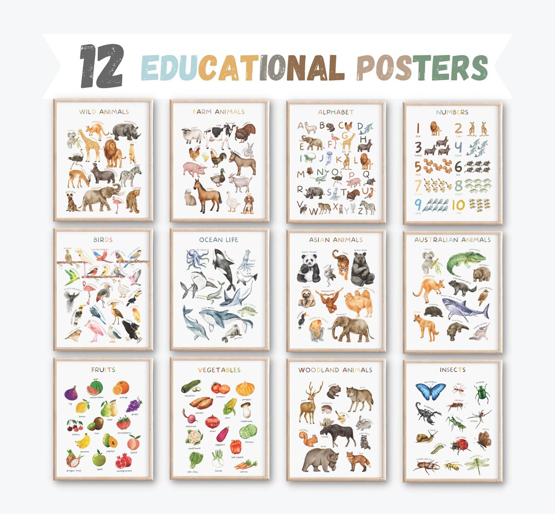 Set of 12 Educational Posters, Watercolor Kids, Classroom Decor,animal ...