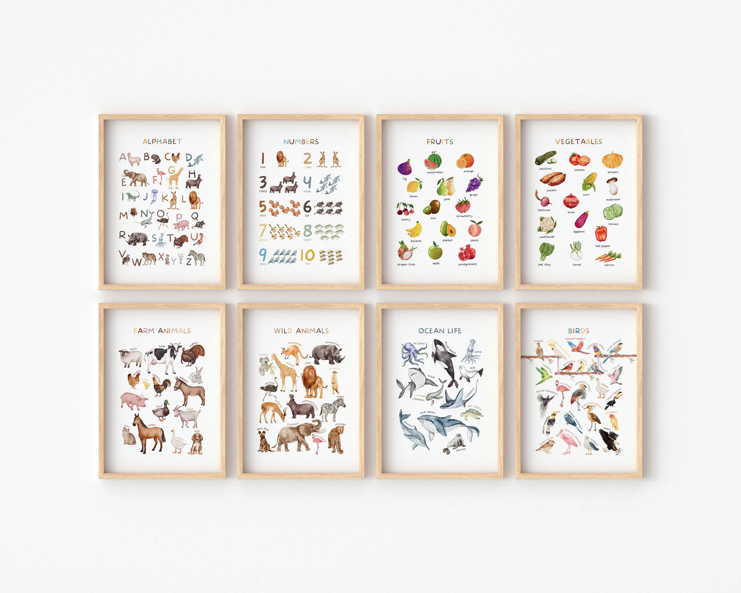 Set of 12 Educational Posters, Watercolor Kids, Classroom Decor,animal ...