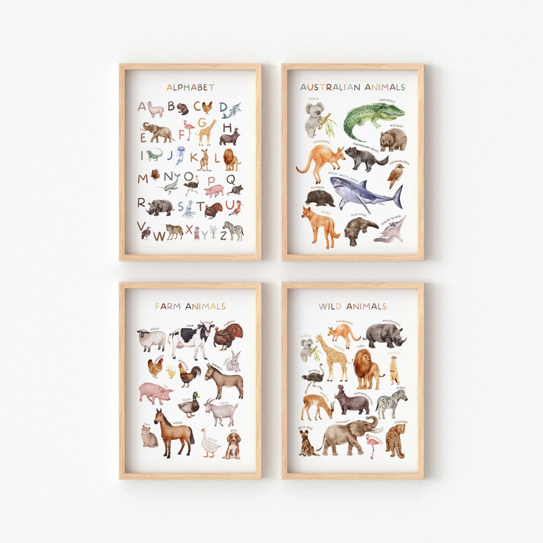 Set of 4 Educational Posters, Alphabet Poster, Kids Animal Posters ...