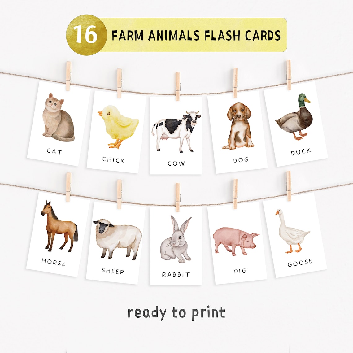 16 Farm Animals Cards, Preschool Learning Materials, Montessori Flash ...