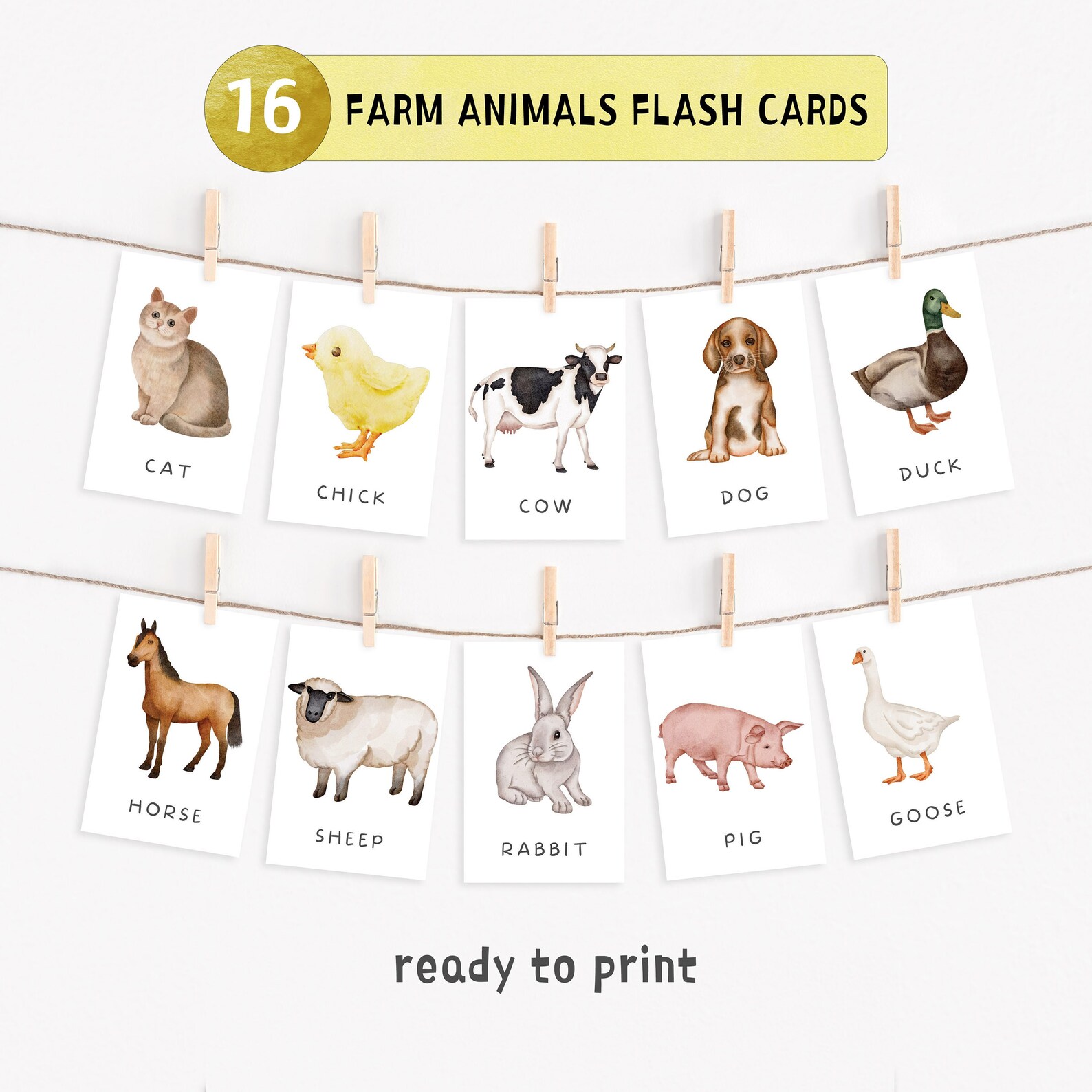 16 Farm Animals Cards, Preschool Learning Materials, Montessori Flash ...