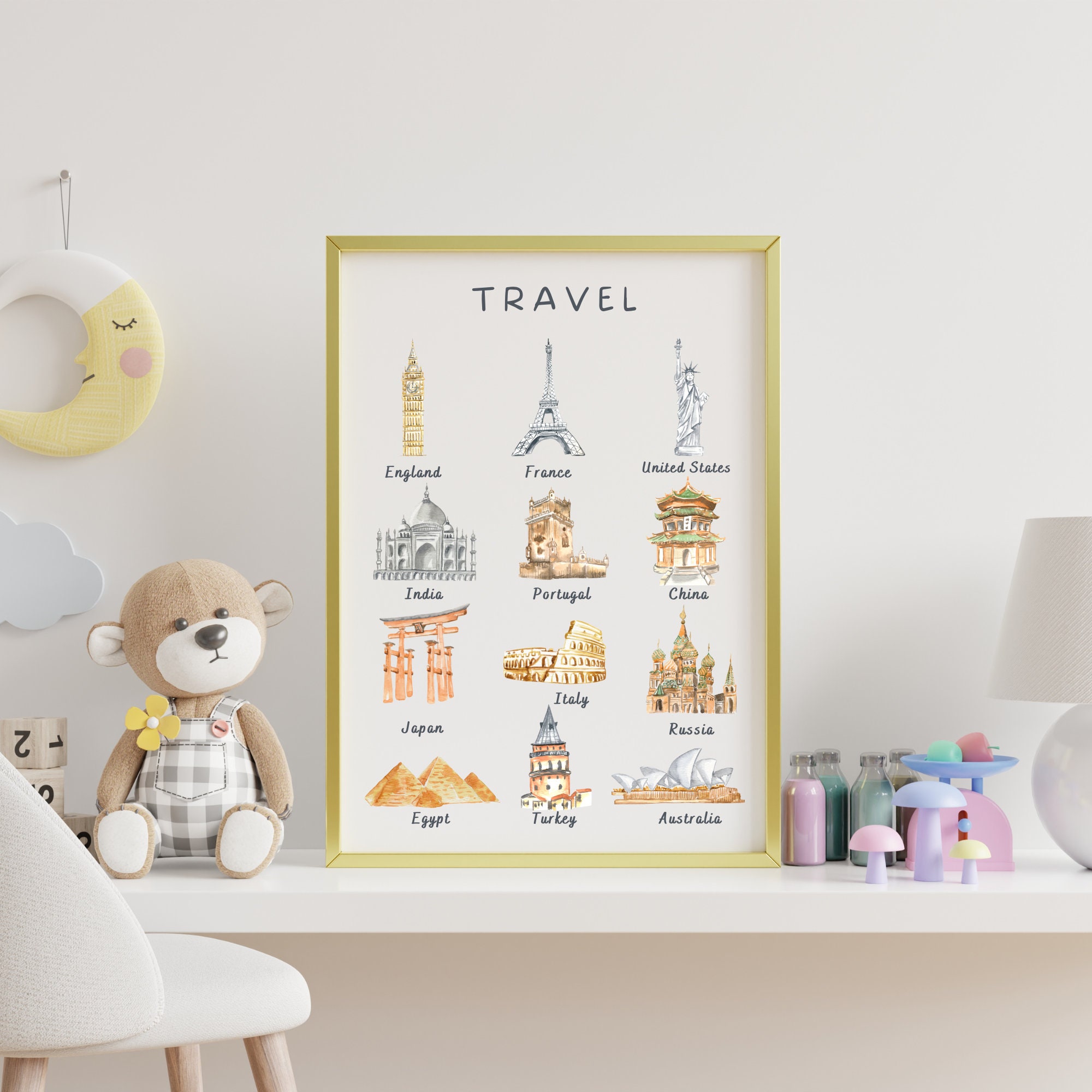 World Landmarks Print, Educational Poster, Playroom Learning Prints ...