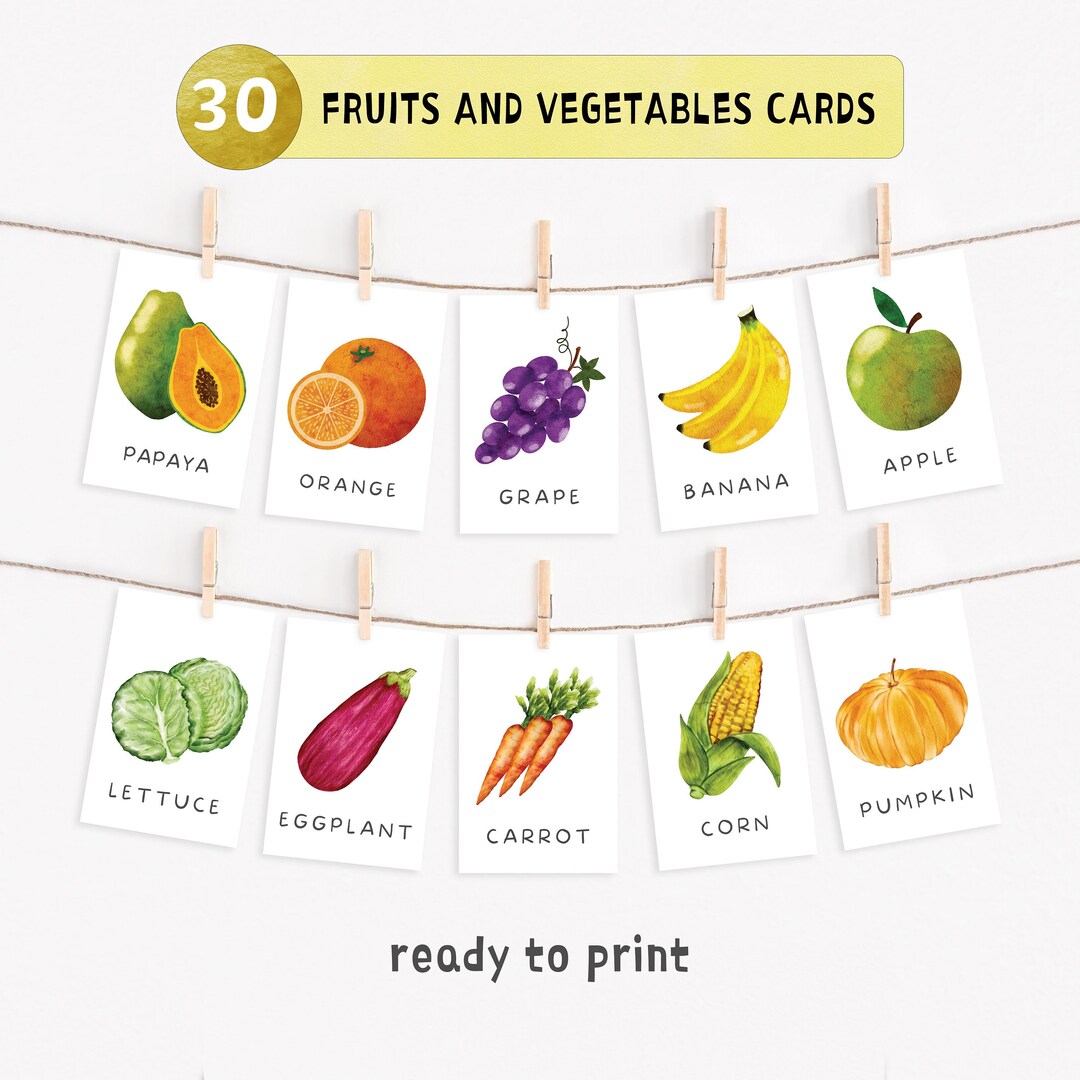 30 Fruits and Vegetables Cards,printable Flash Cards, Preschool ...