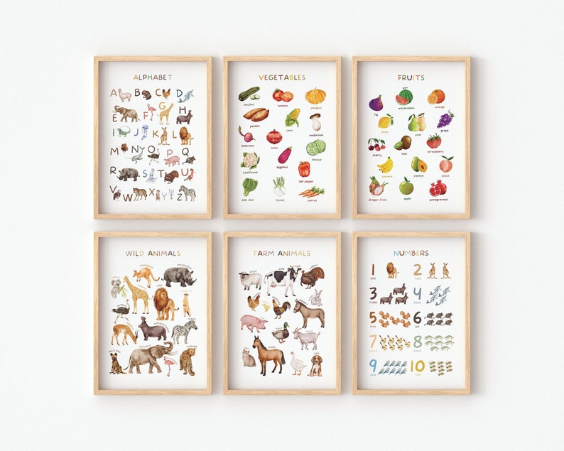 Set of 6 Educational Posters, Fruits Vegetables Posters, Animals ...