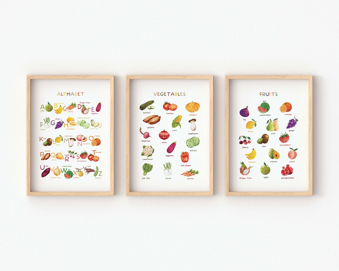 Fruits Vegetables Educational Posters, Set of 3 Watercolor Montessori ...
