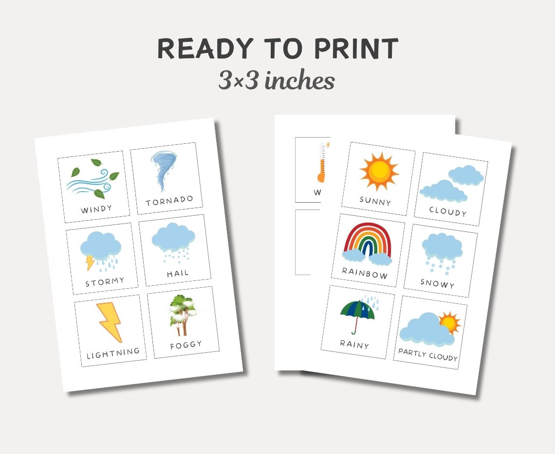16 Weather Cards, Montessori Flashcards, Pre-school Cards, Learning ...