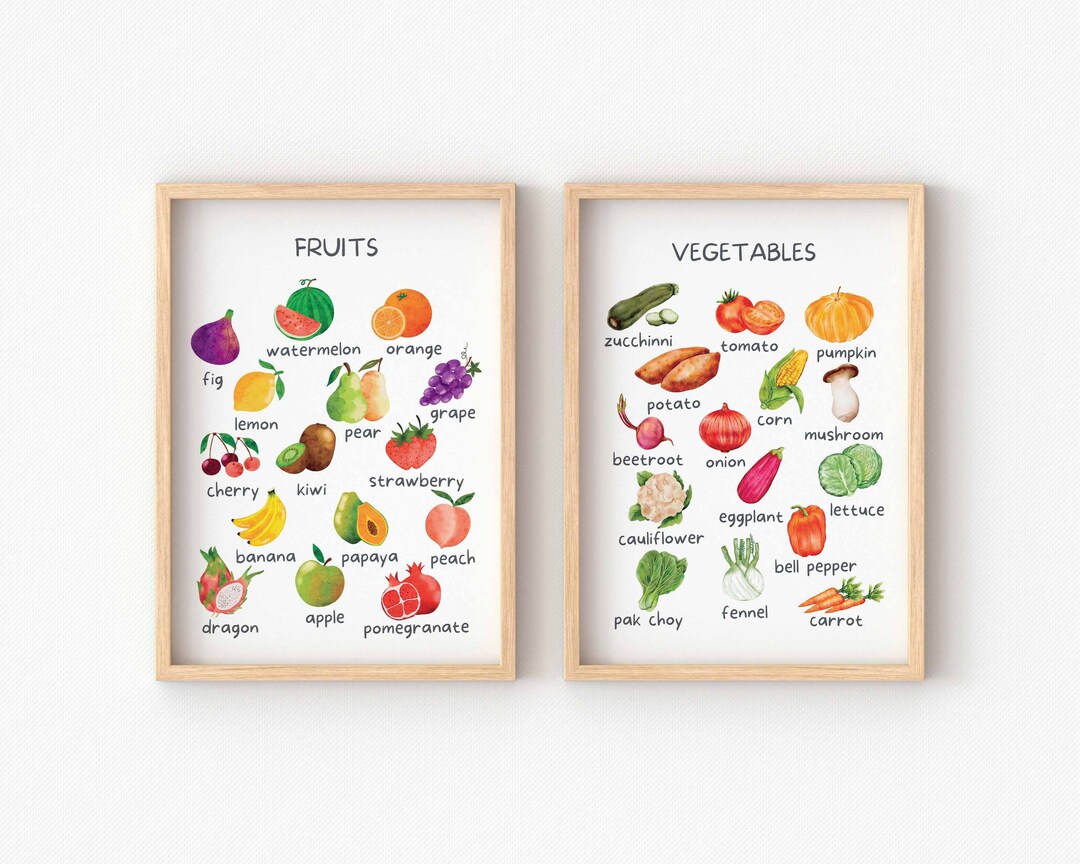 Fruits Vegetables Educational Posters, Set of 2 Watercolor Montessori ...