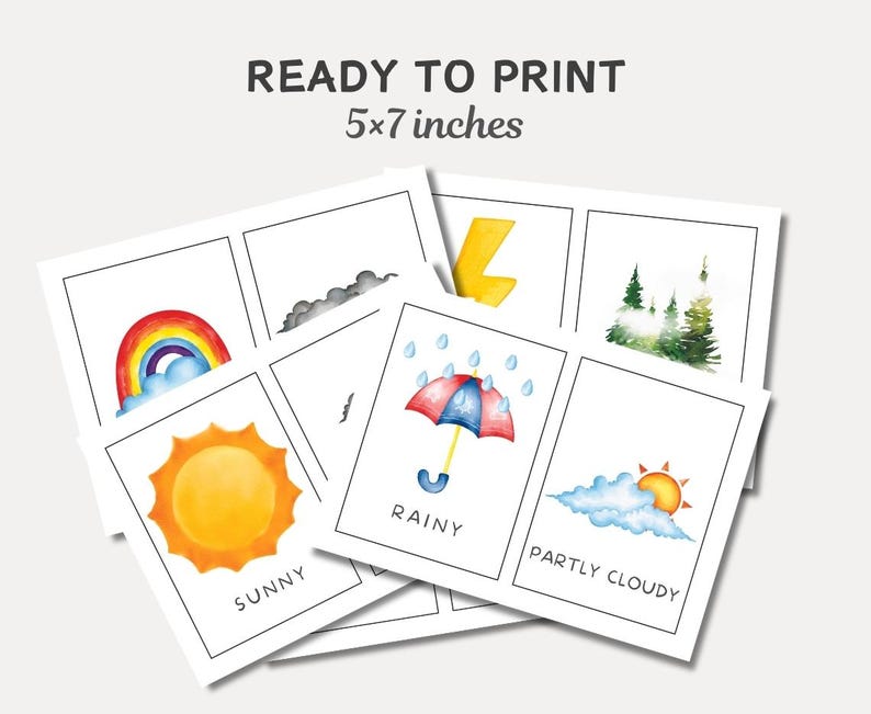 14 Weather Cards, Montessori Flashcards, Pre-school Cards, Learning ...