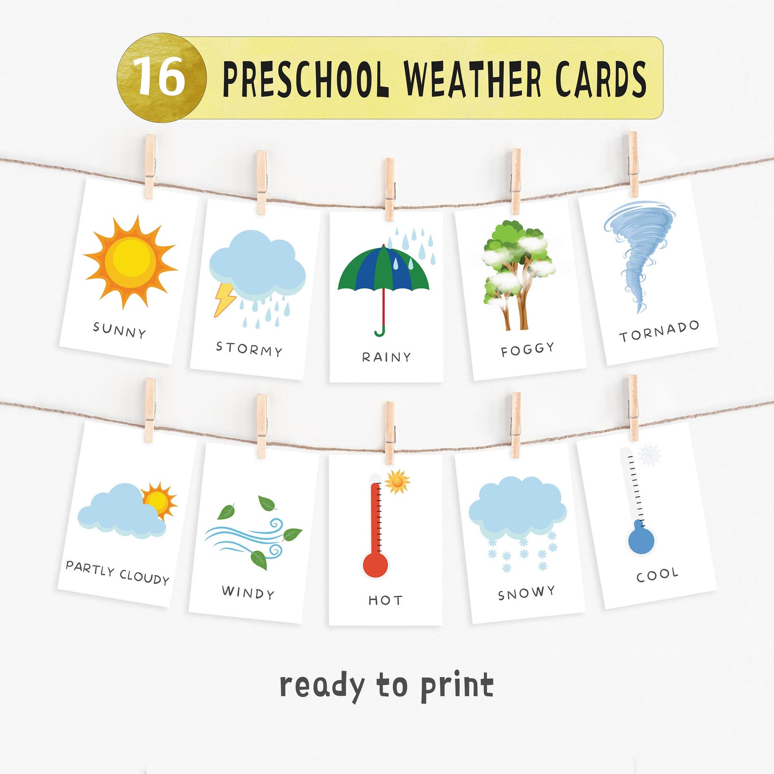 16 Weather Cards, Montessori Flashcards, Pre-school Cards, Learning ...