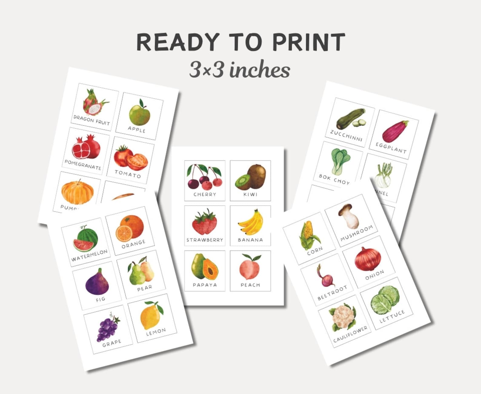 30 Fruits and Vegetables Cards,printable Flash Cards, Preschool ...