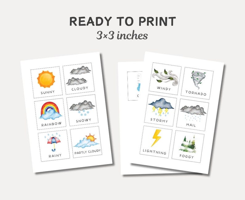 14 Weather Cards, Montessori Flashcards, Pre-school Cards, Learning ...