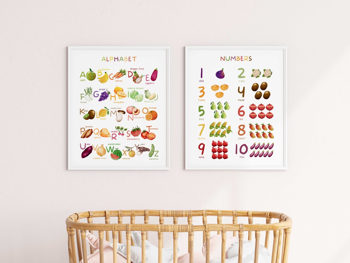 Set of 8 Educational Posters, Fruits and Vegetables Print, Kids Animal ...