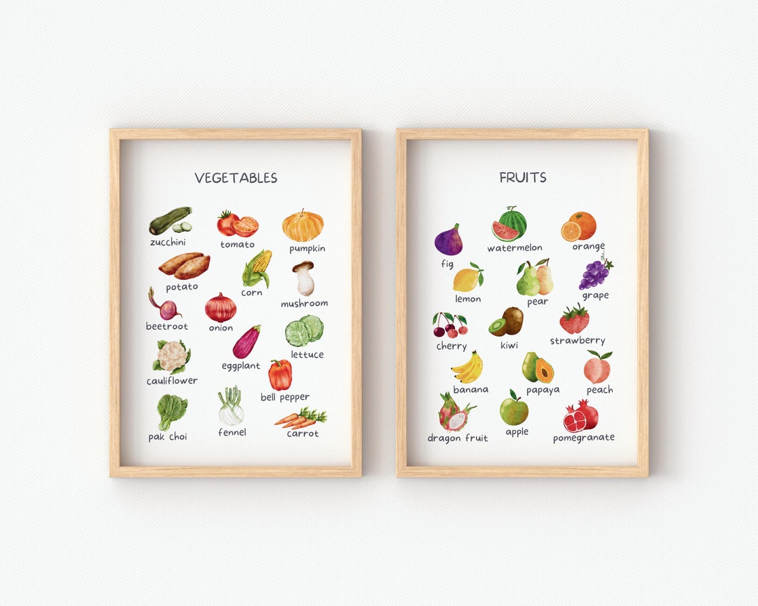 Fruits Vegetables Educational Posters, Set of 2 Watercolor Montessori ...