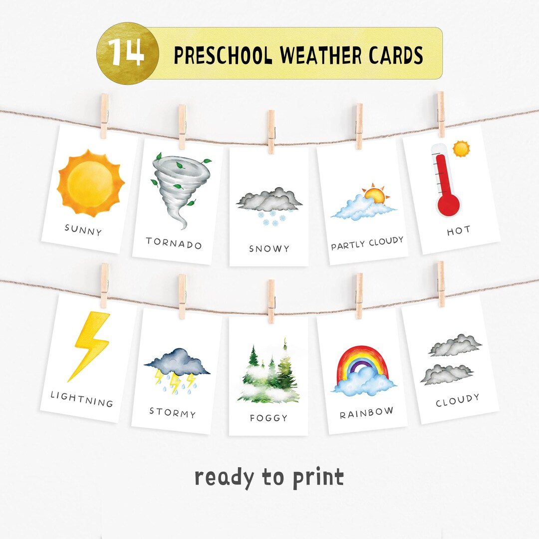 14 Weather Cards, Montessori Flashcards, Pre-school Cards, Learning ...