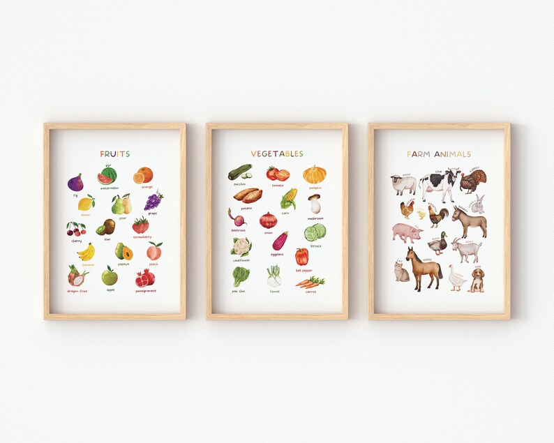 Set of 3 Educational Posters, Fruits Vegetables Posters, Homeschool ...