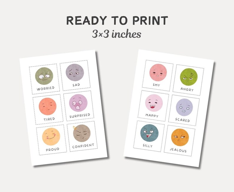 12 Feelings Cards, Montessori Flashcards, Feelings Chart, Pre-school ...