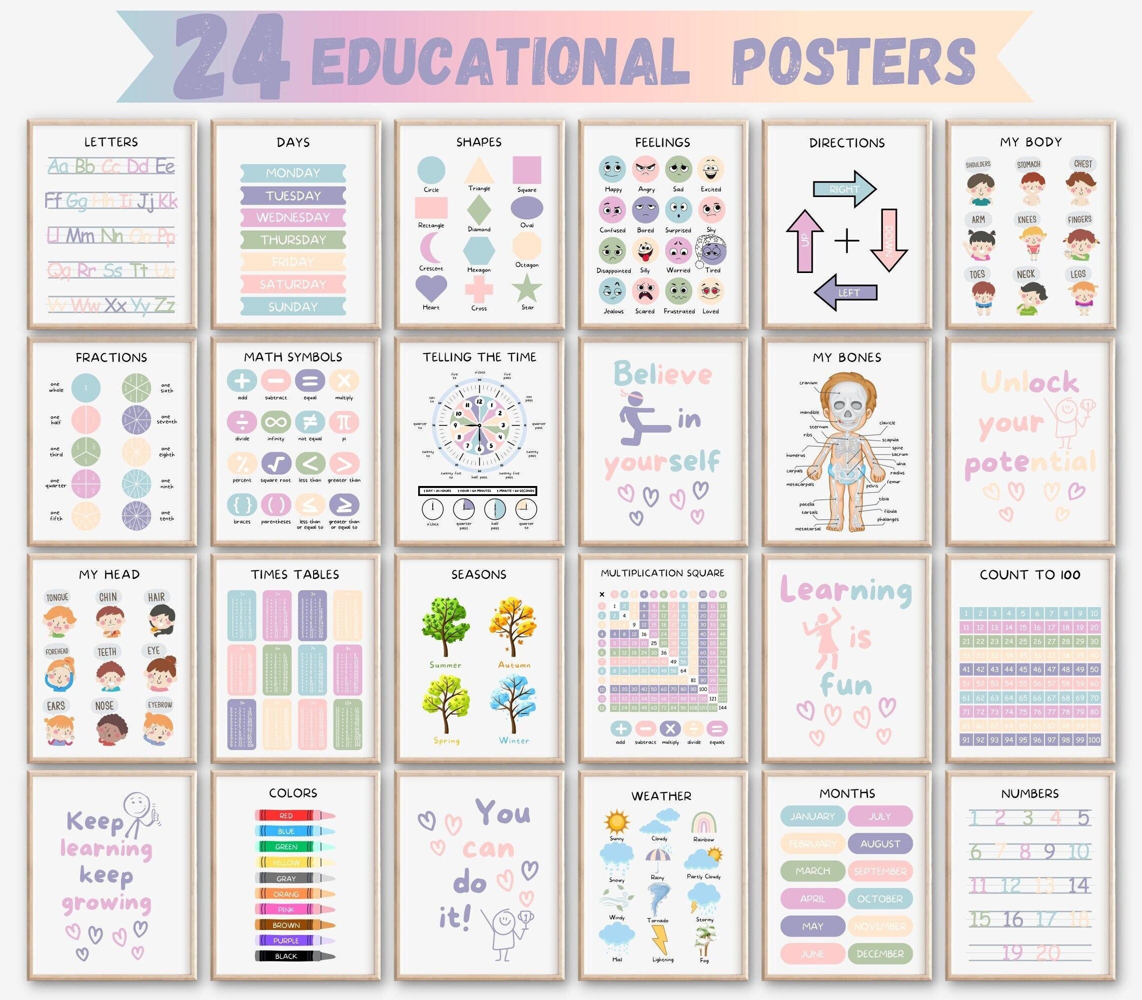 Set of 24 Educational Posters,classroom Decor, Nursery Wall Art ...