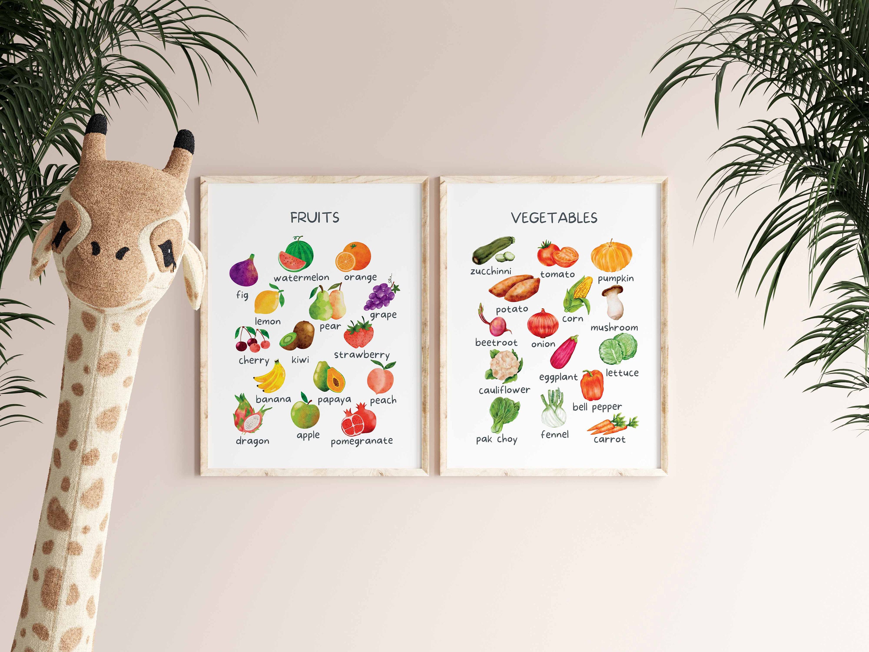 Fruits Vegetables Educational Posters, Set of 2 Watercolor Montessori ...
