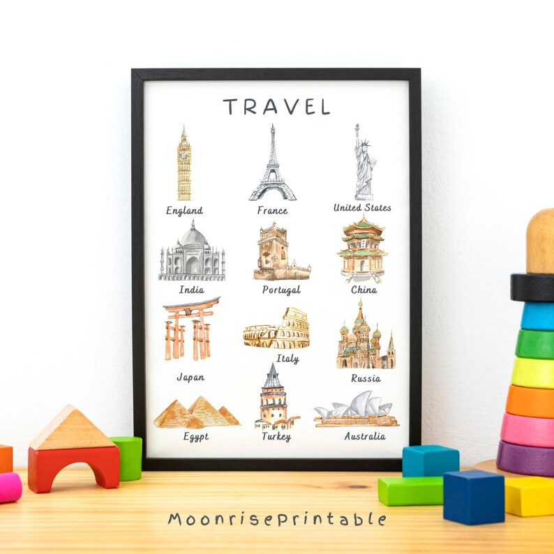 World Landmarks Print, Educational Poster, Playroom Learning Prints ...