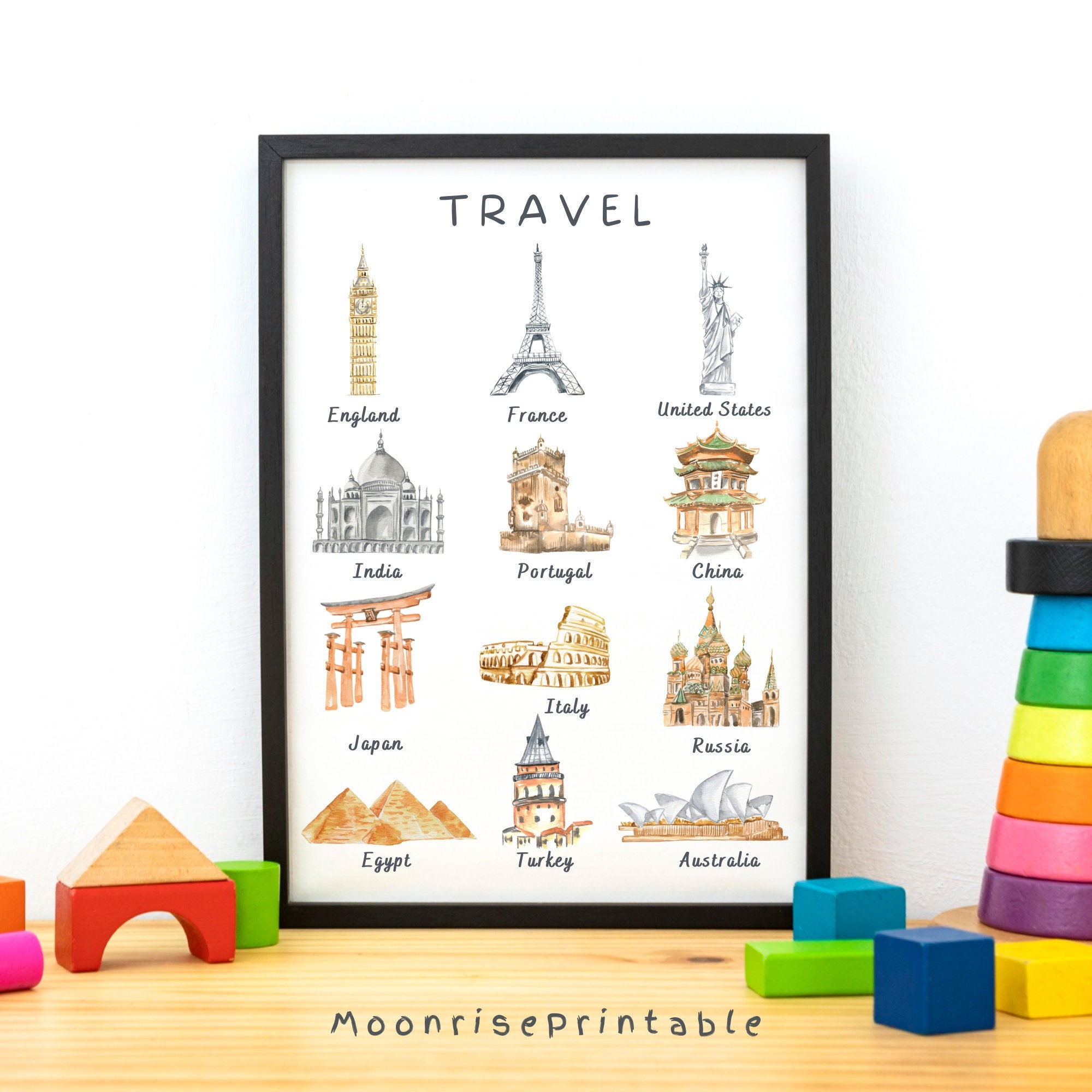 World Landmarks Print, Educational Poster, Playroom Learning Prints ...