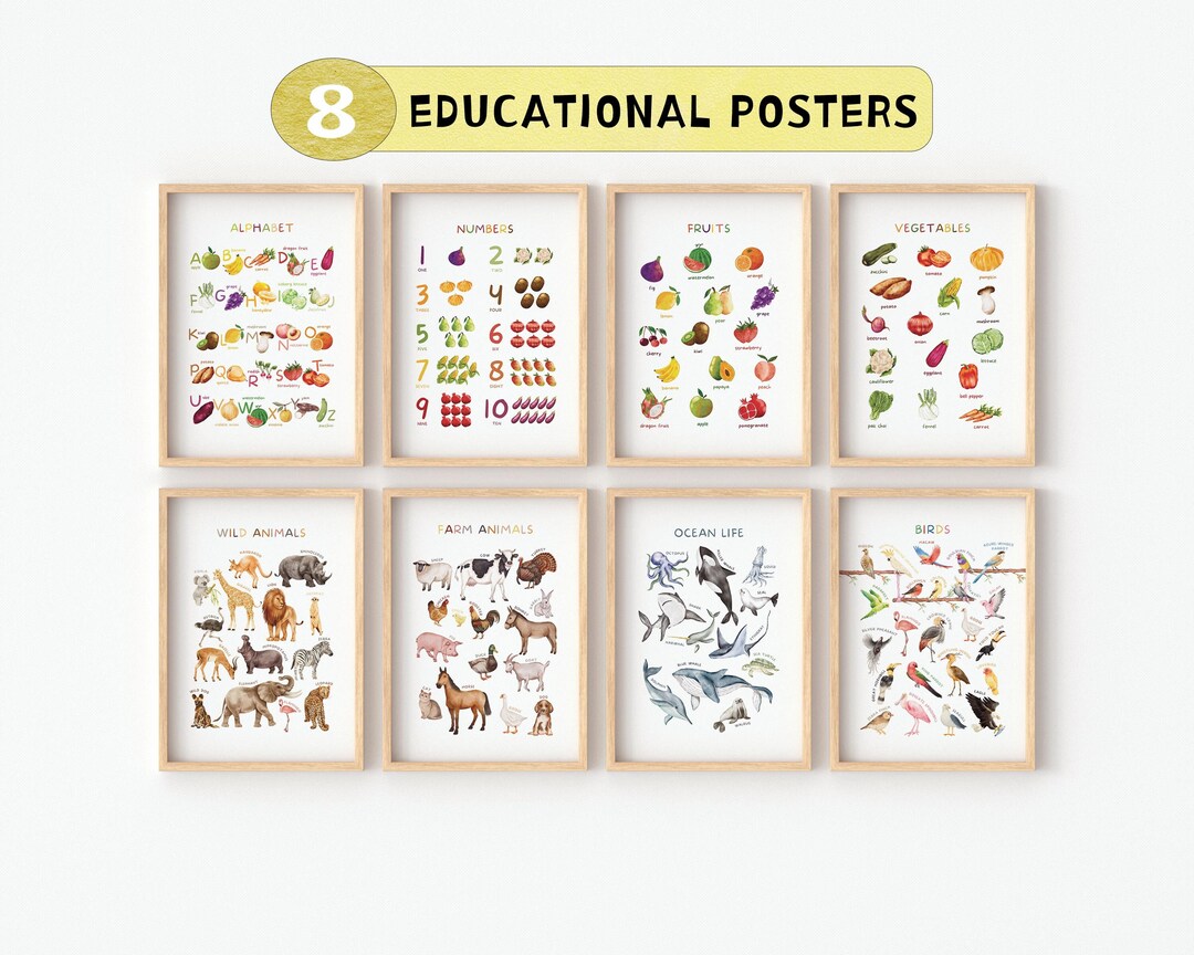 Set of 8 Educational Posters, Fruits and Vegetables Print, Kids Animal ...