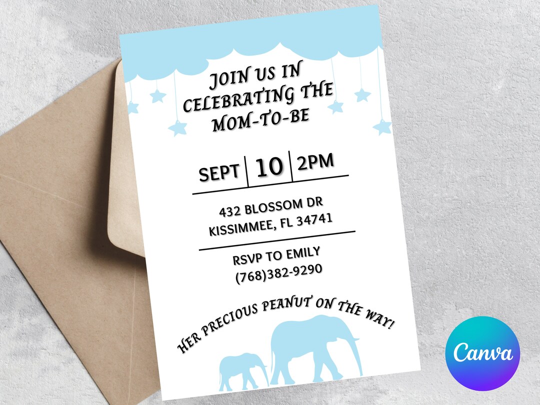 Elephant Themed Baby Shower Invitation for Baby Boy Elephant Invitation ...