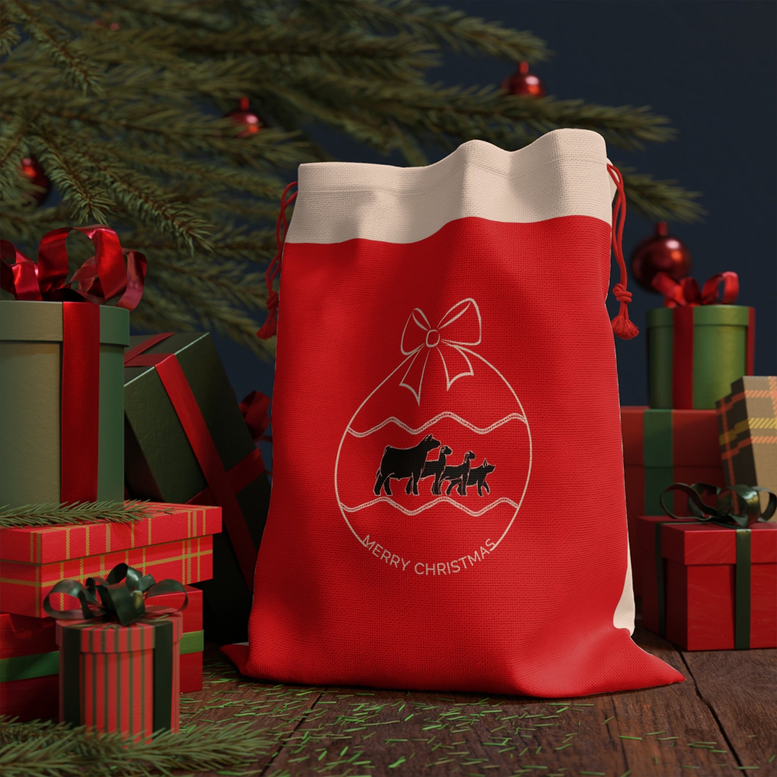 Livestock Steer, Pig, Lamb, Goat Linen Christmas Gift Bag, Red, Show ...
