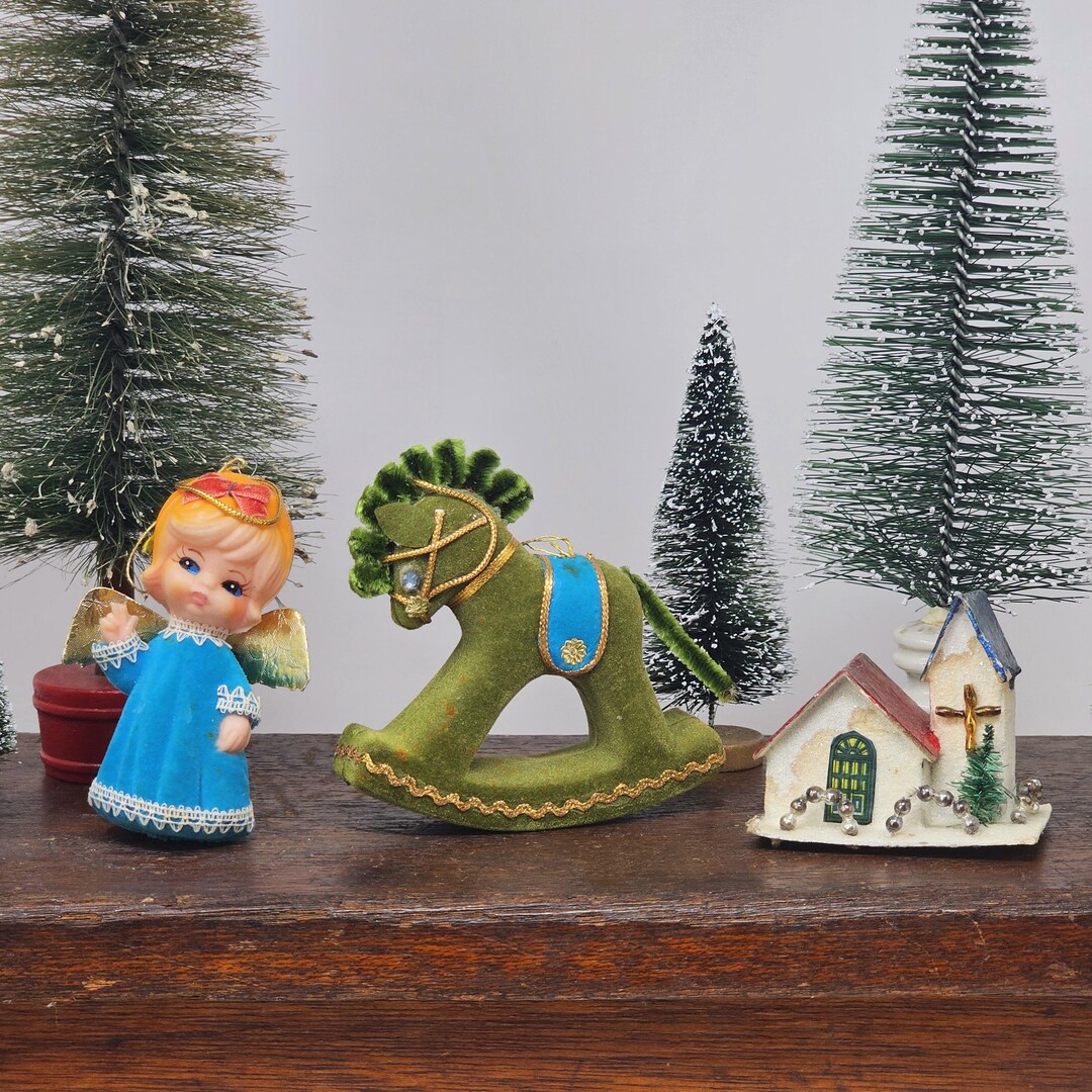 Vintage Set Putz Church With Pixie Angel & Felt Rocking Horse - Etsy