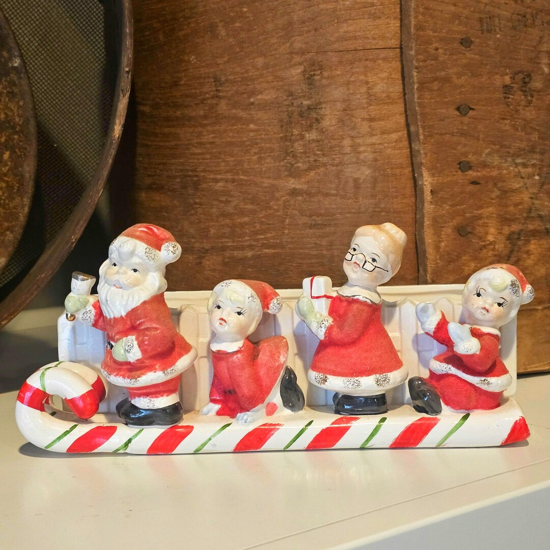 Napco RARE Candy Cane Sleigh Santa & Mrs Claus With Elf Helpers Flocked ...