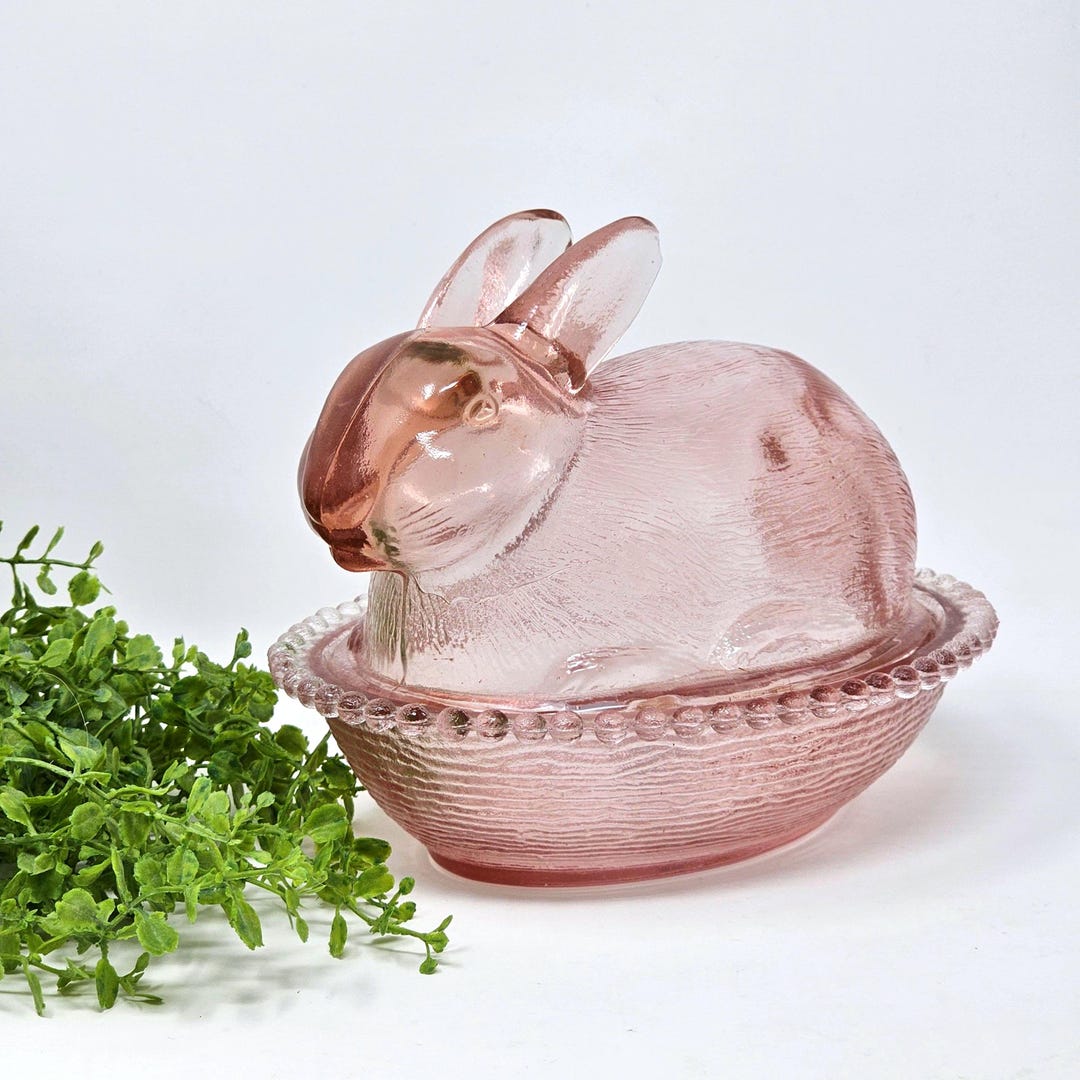 Vintage Pink Glass Bunny Rabbit Trinket / Candy Dish on Basket - Etsy