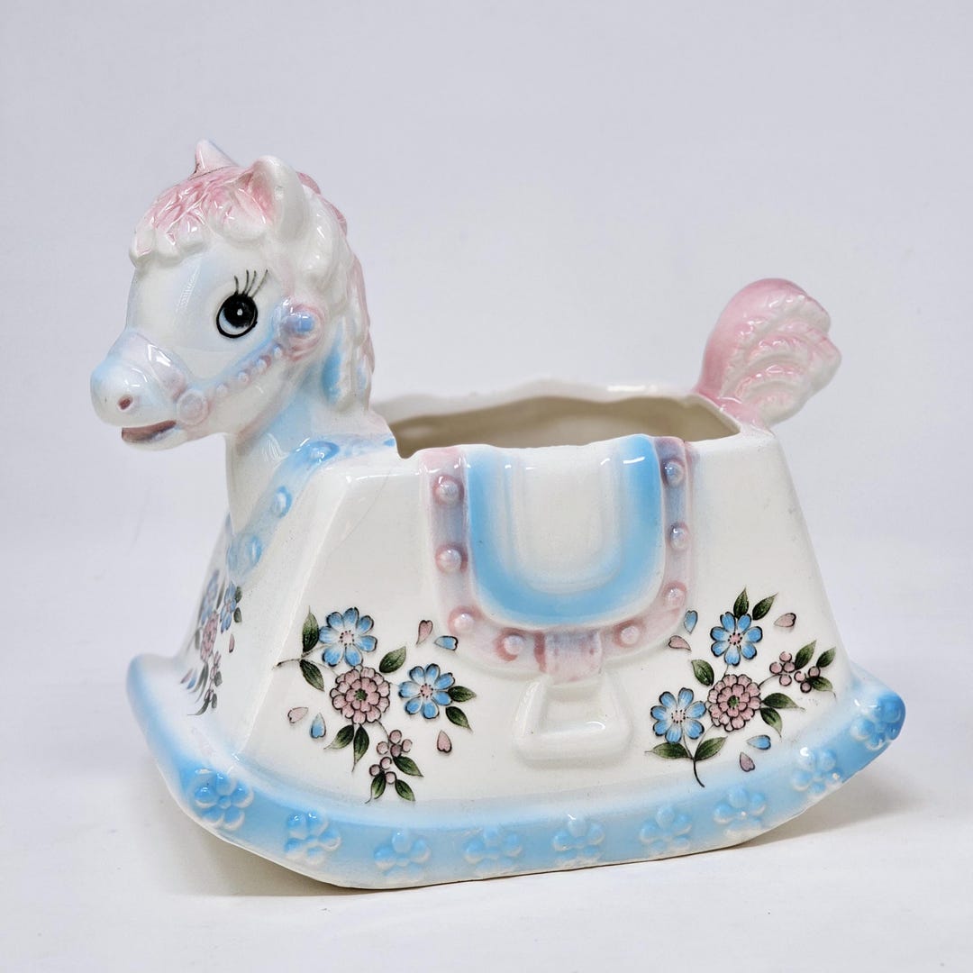 Vintage Ceramic Pink Rocking Horse Planter / Baby Decor / Narco Made in ...