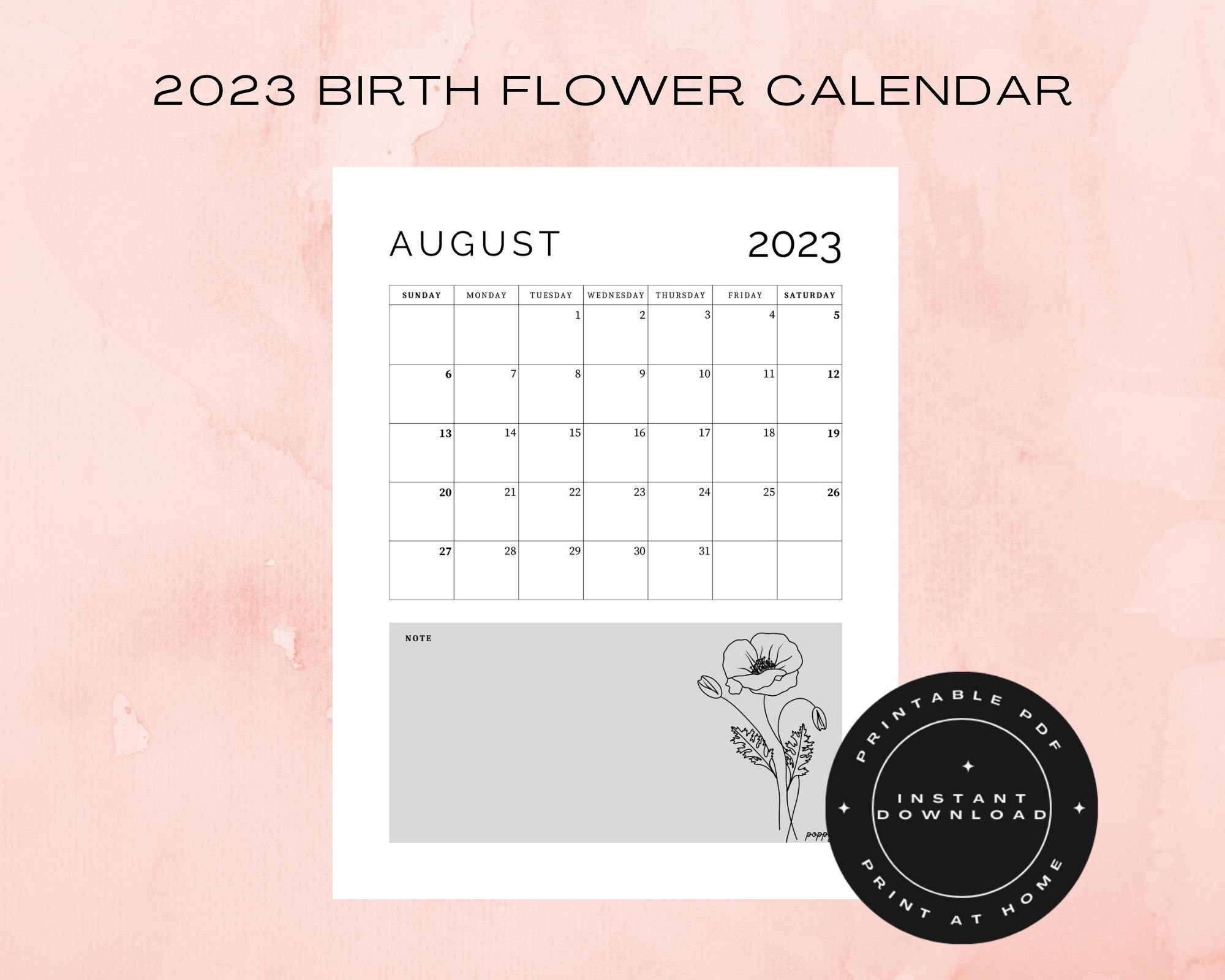 2023 Birth Flower Calendar | Printable Minimalist | Monthly Calendar in ...