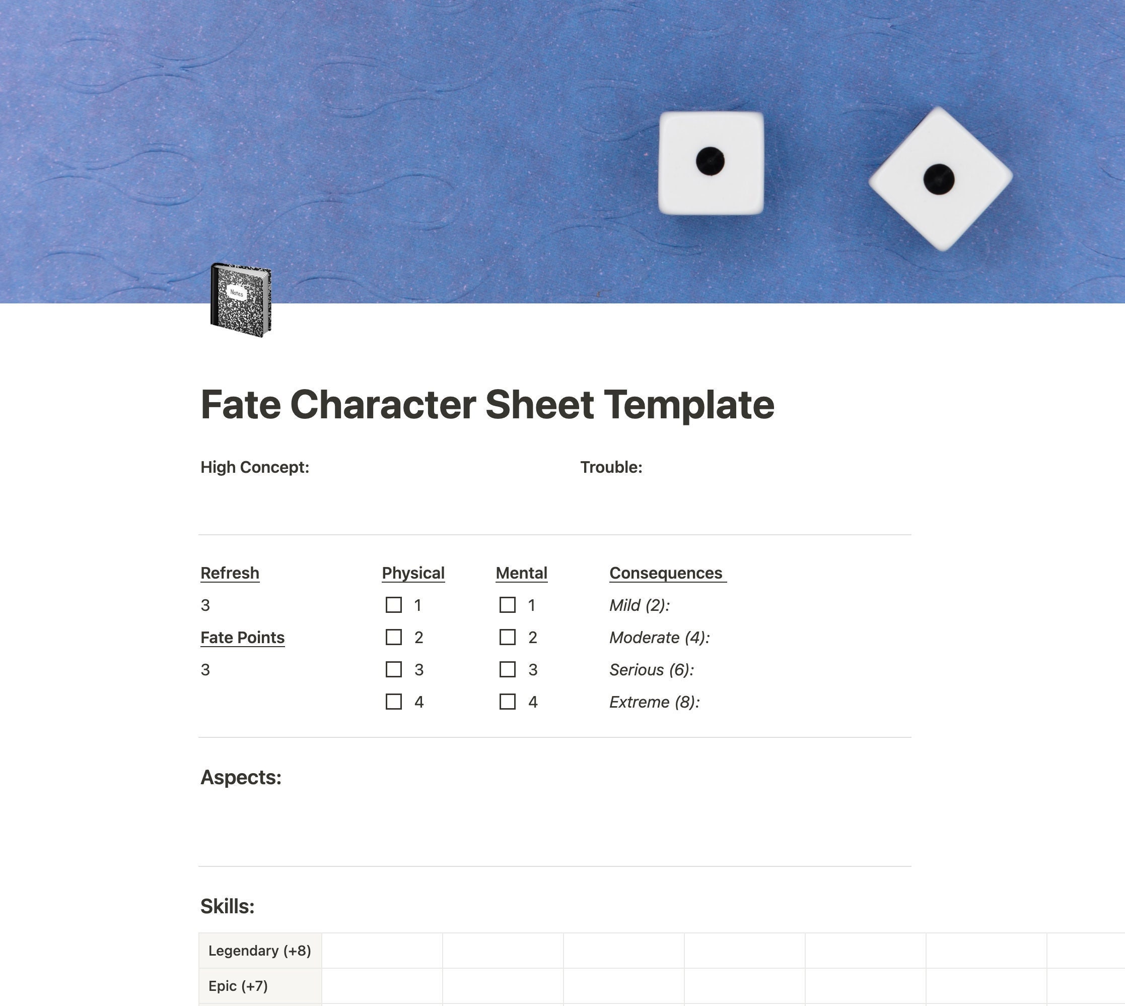 Fillable Fate Core Character Sheet Notion Template - Etsy Portugal