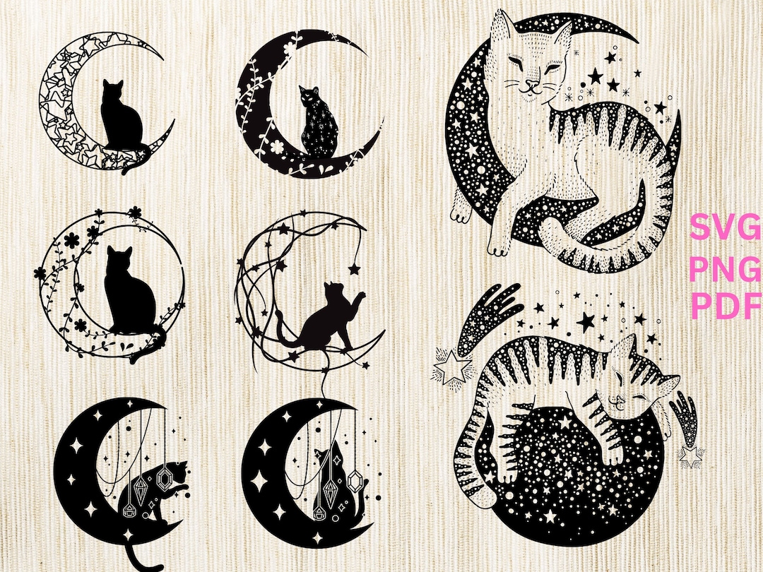 Cat Silhouette Cut Files, Moon Cat SVG, Cat With Star, Cat Clipart ...