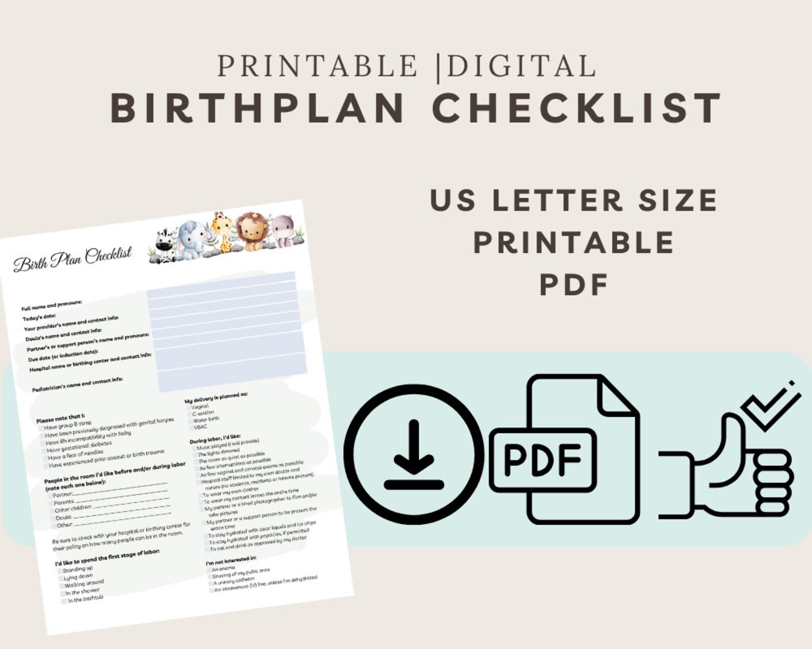 Printable Birth Plan Template Digital Birthing Plan Checklist Labor and ...