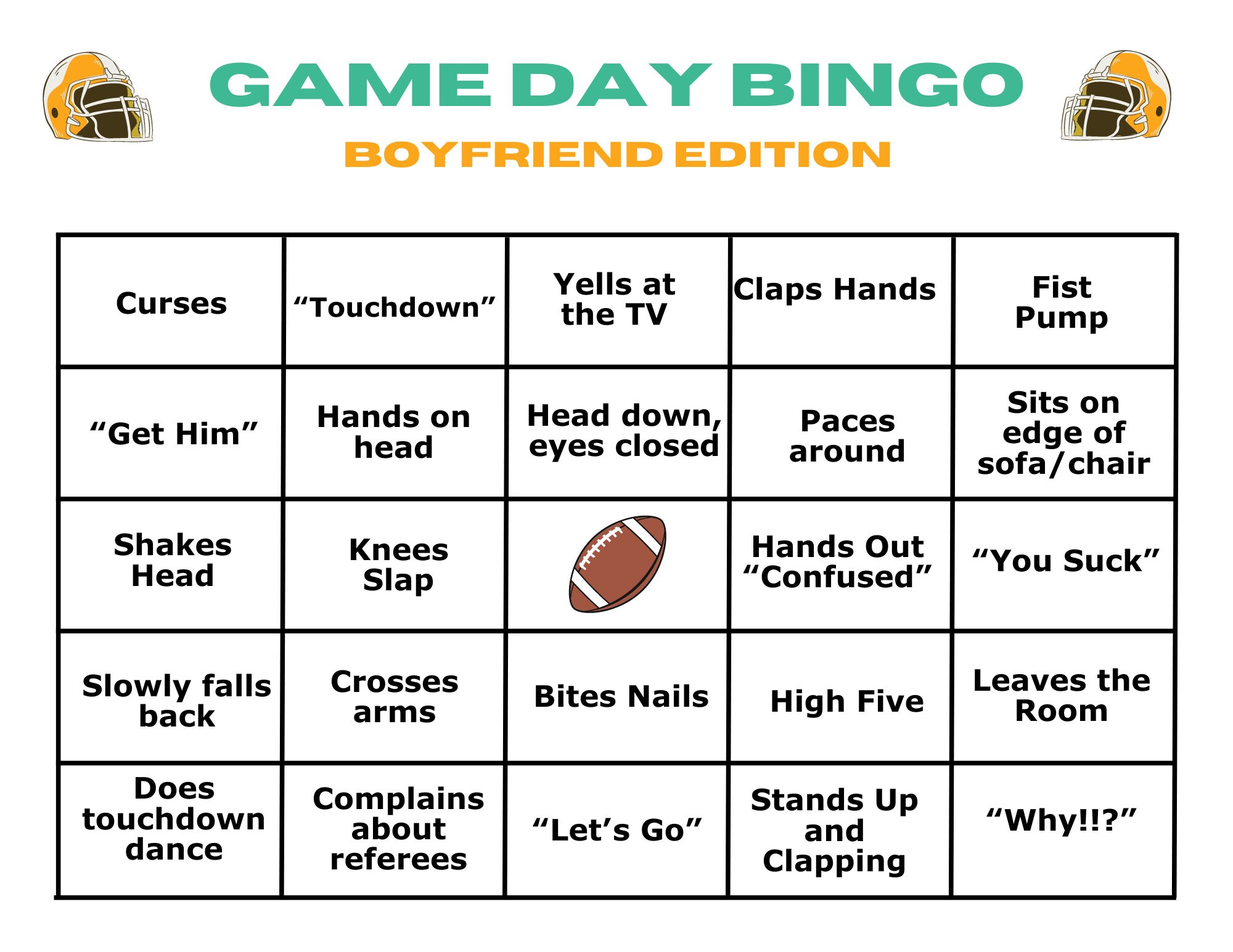 Game Day Bingo Boyfriend Edition Football Watcher Game, Bingo Cards ...