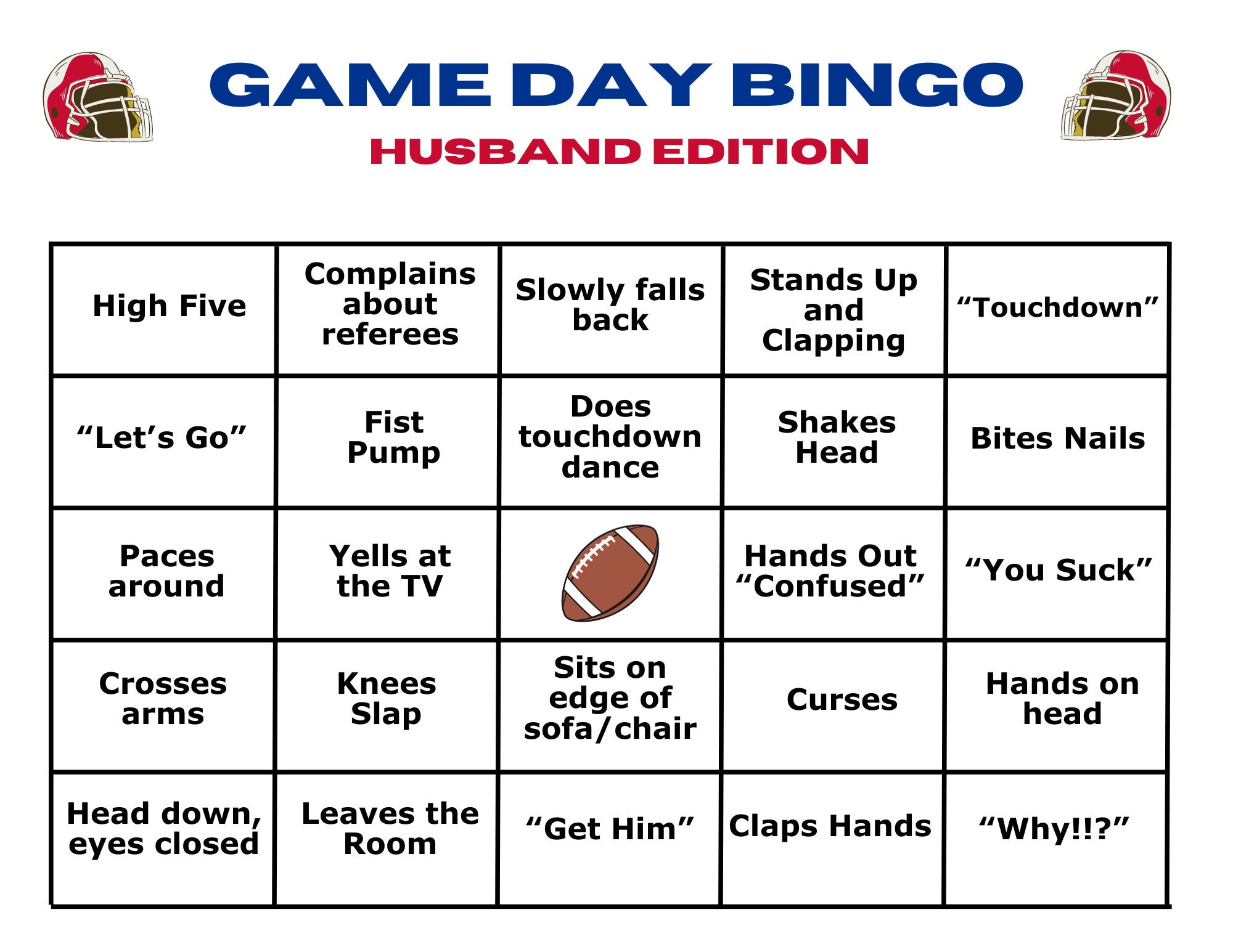 Game Day Bingo Husband Edition red and Blue - Etsy