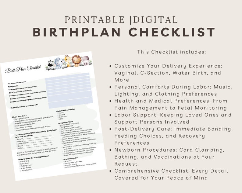 Printable Birth Plan Template Digital Birthing Plan Checklist Labor and ...